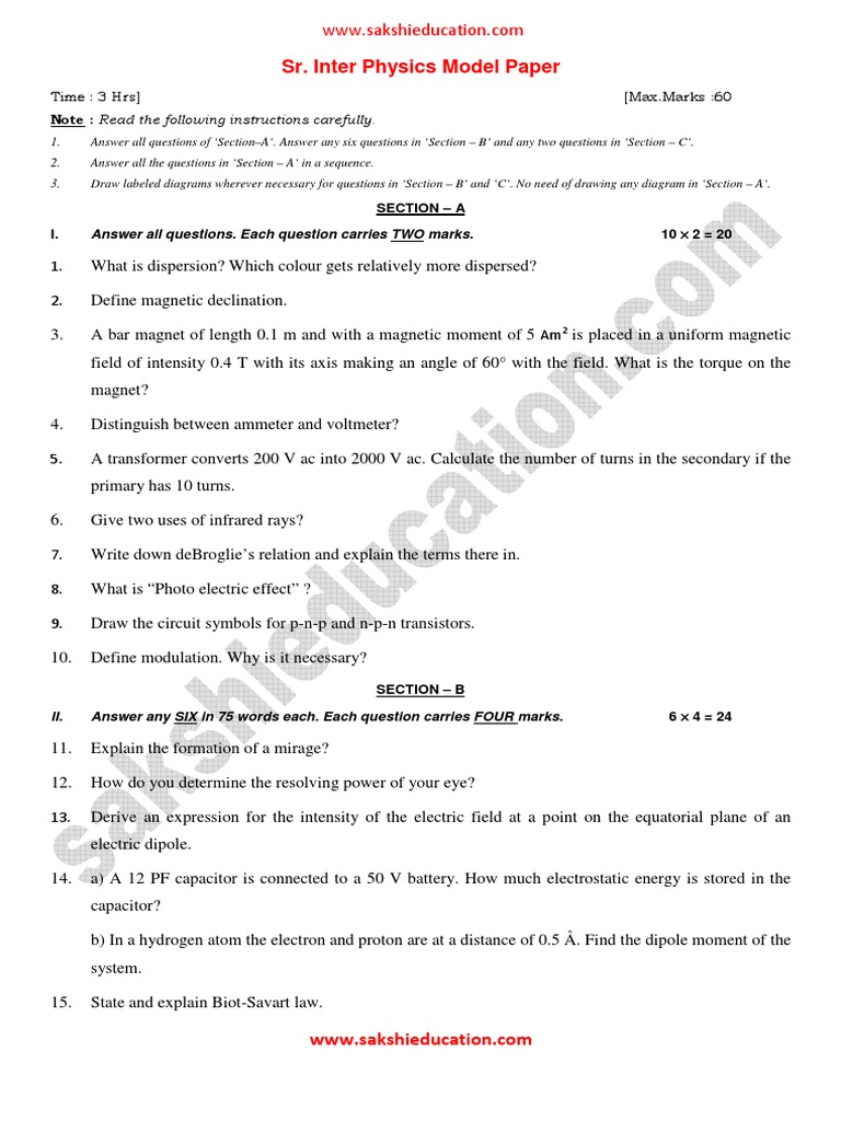 Sr. Inter Physics Model Paper: Read The Following Instructions Carefully | PDF | Capacitor ...