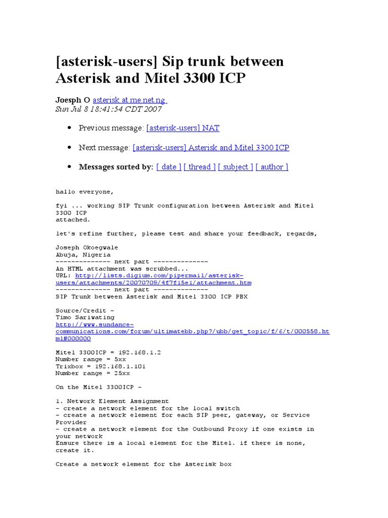 Asterisx Mitel 3300 | PDF | Session Initiation Protocol | Port (Computer Networking)