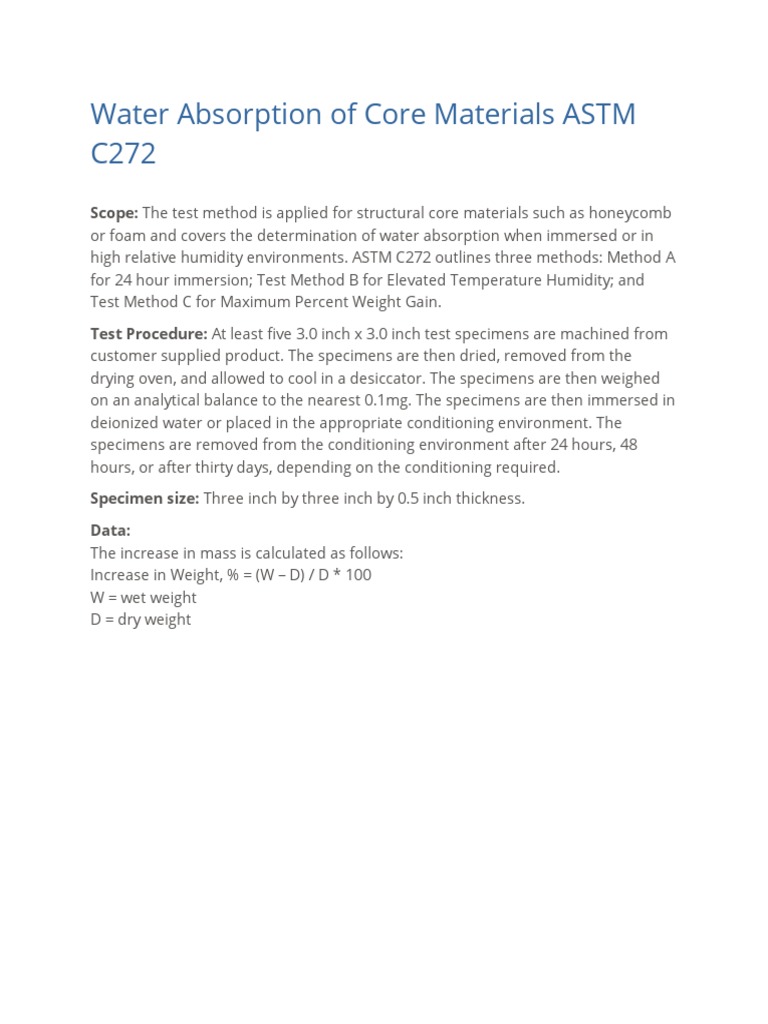 Water Absorption of Core Materials ASTM C272 | PDF | Weight | Humidity
