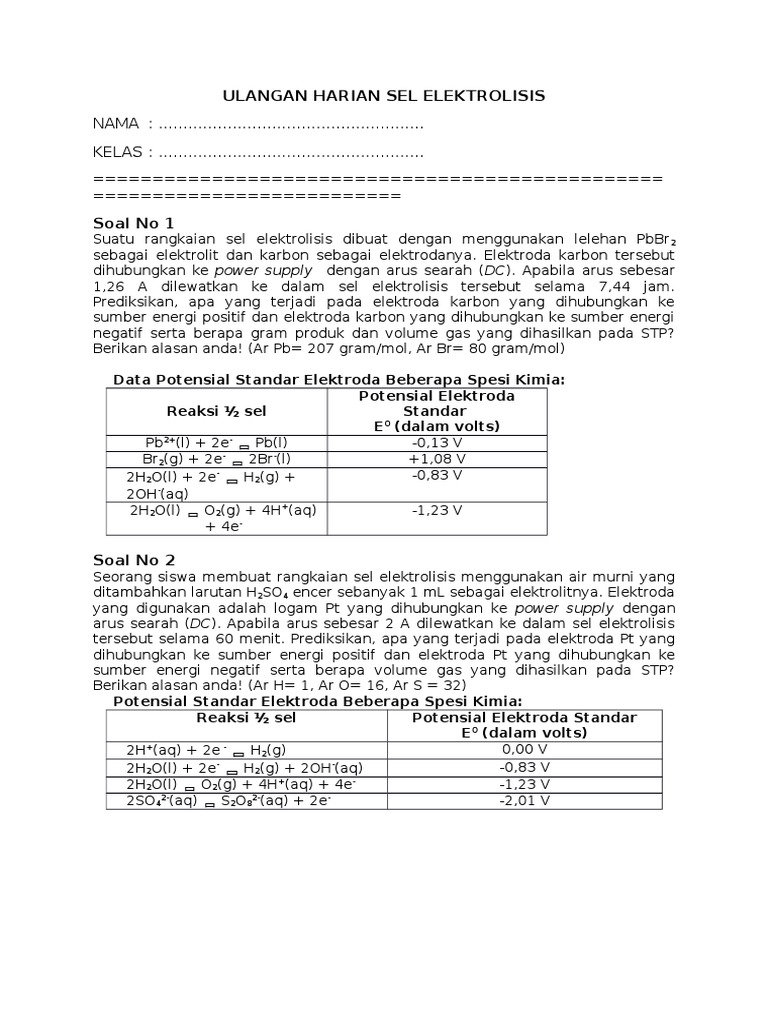 Ulangan Harian Sel Elektrolisis | PDF | Metode & Bahan Ajar | Sains & Matematika