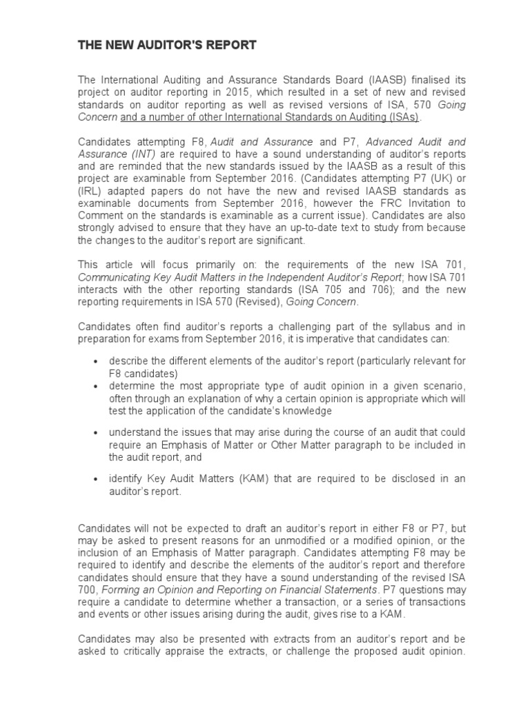 ACCA Article - New Audit Report | Going Concern | Financial Audit