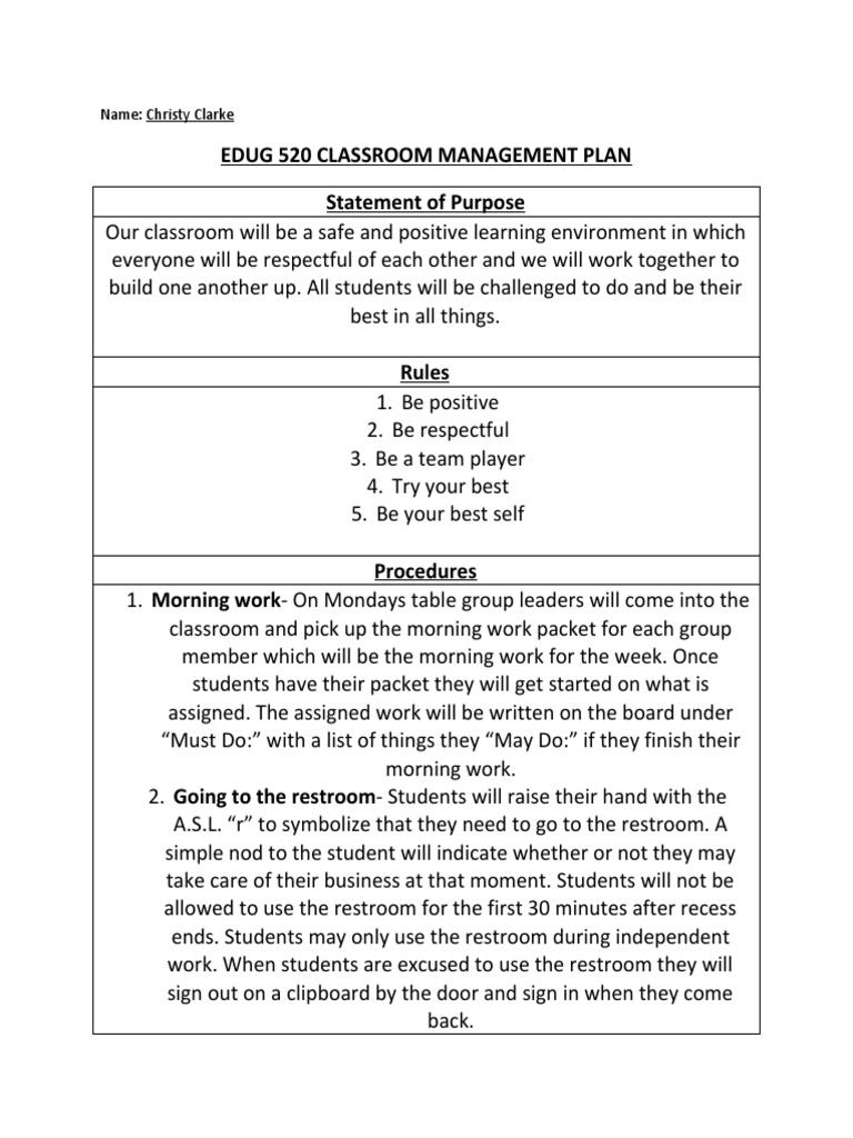 Edug 520 Classroommanagementplan | PDF | Classroom | Cognitive Science