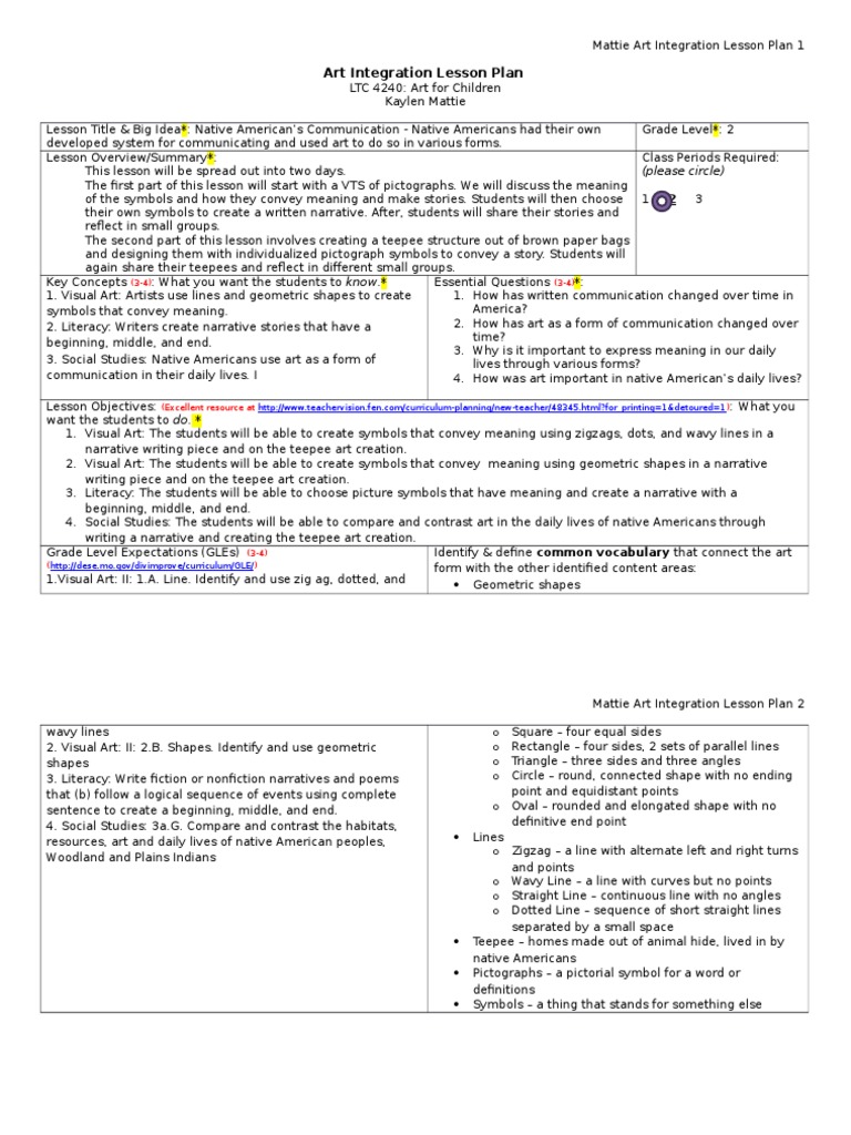 Art Integration Lesson Plan | PDF | Narrative | Symbols