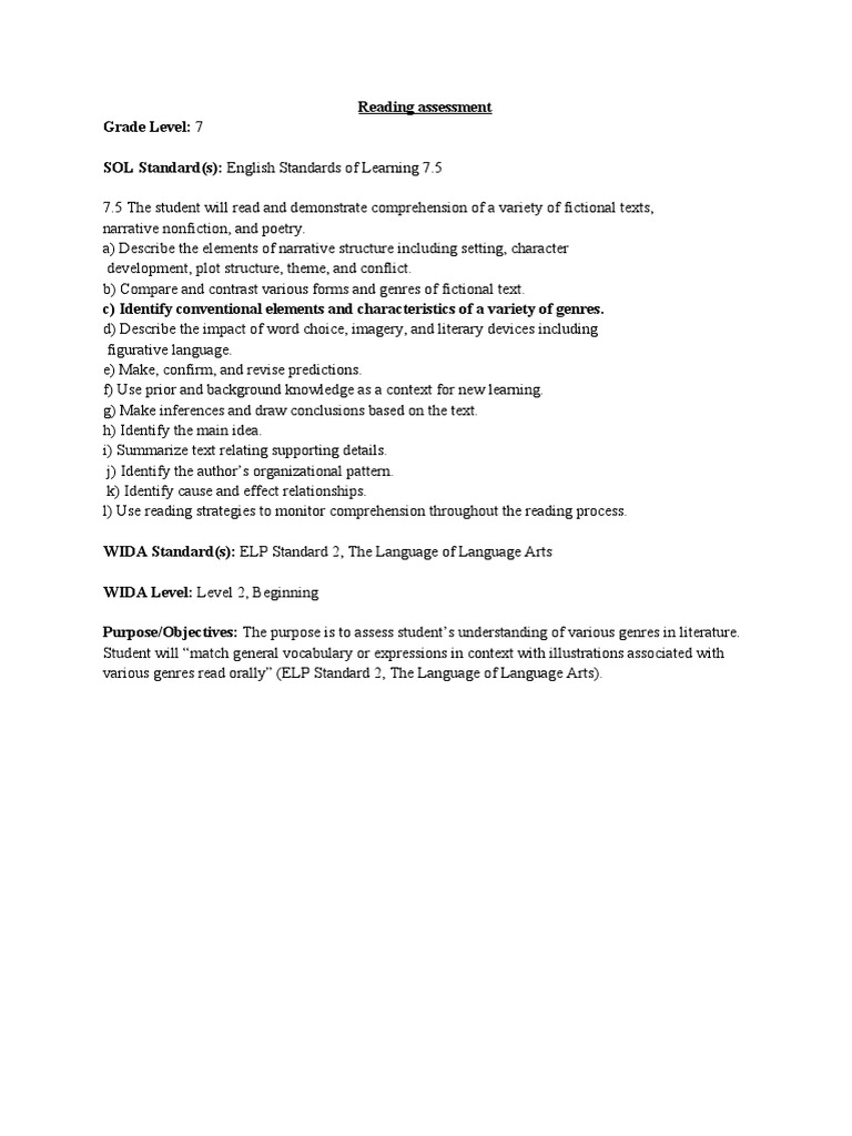 Reading Assessment Grade Level SOL Standard(s) | PDF