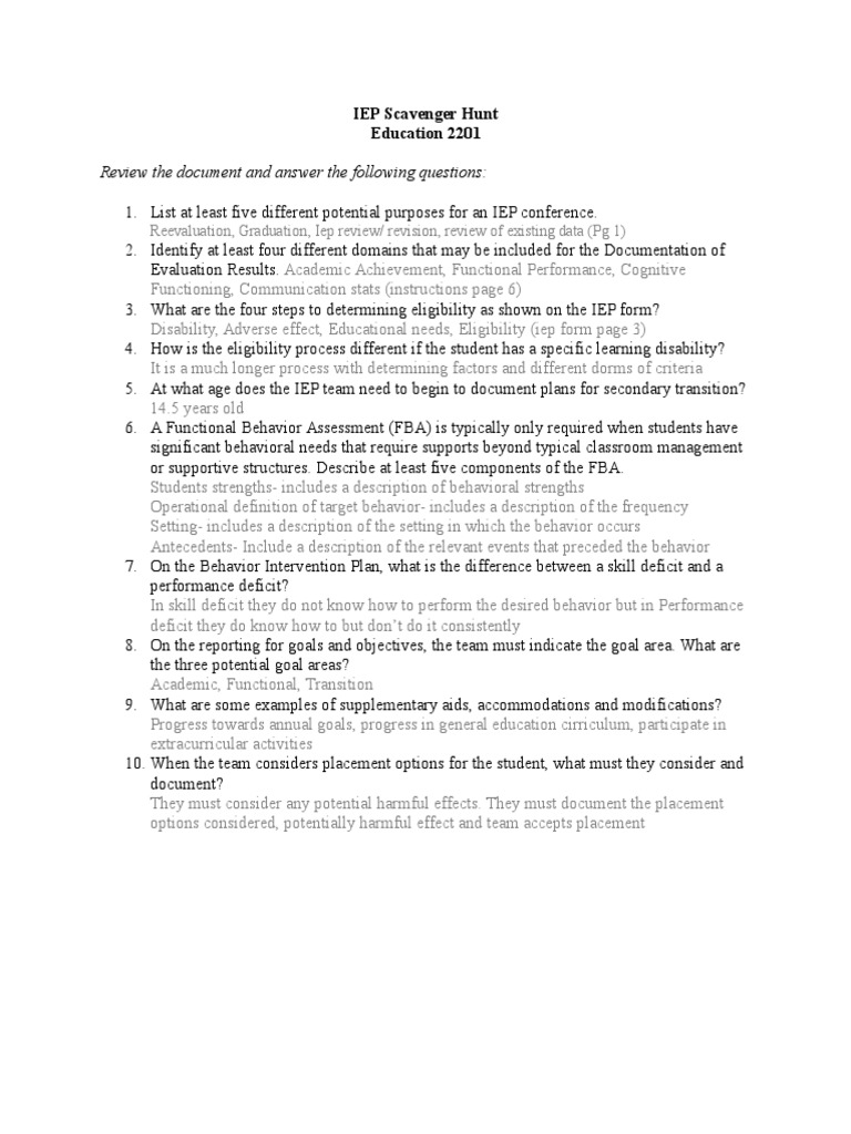 Review The Document and Answer The Following Questions:: IEP Scavenger ...