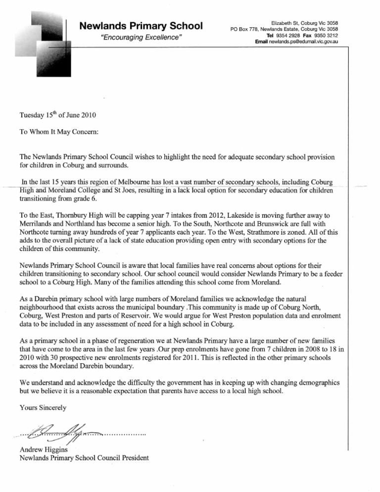 Newlands Primary School Letter of Support | PDF