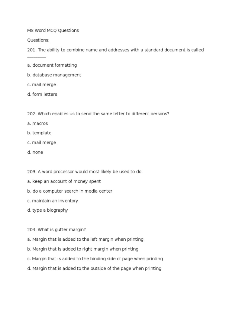 MS Word MCQ Questions | PDF | Page Layout | Microsoft Word