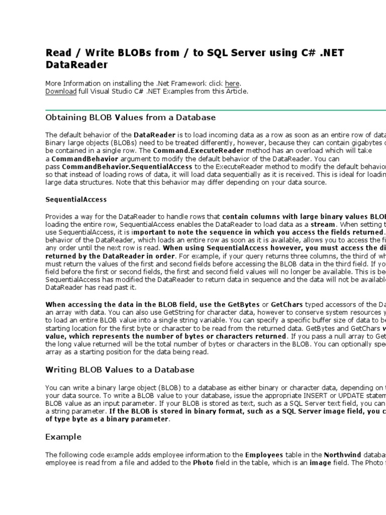 Reading And Writing Blobs From Sql Server Databases Using C Net Pdf Microsoft Sql Server