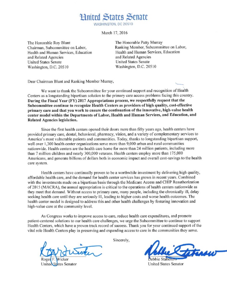 FY17 Health Centers Letter to Appropriations Subcommittee