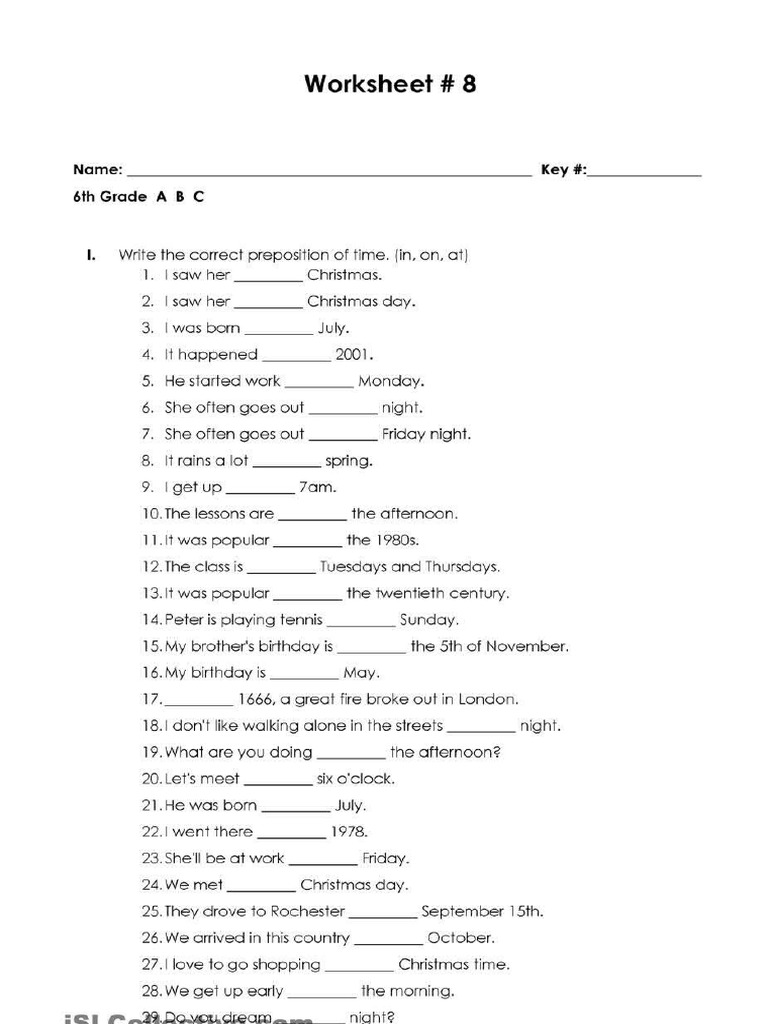 Prepositions of Time Test | PDF