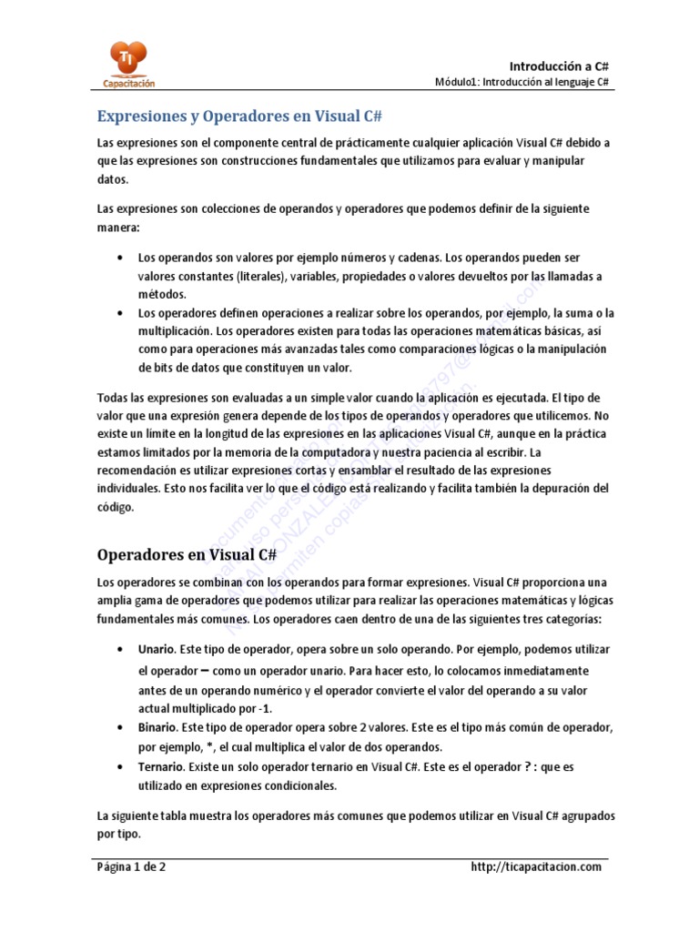 Expresiones y Operadores en Visual C# | PDF | C Sharp (lenguaje de ...