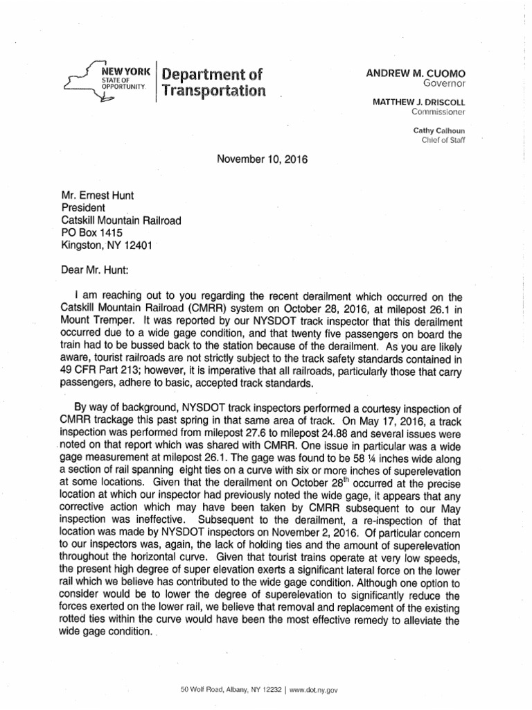 NYSDOT Letter To CMRR's Ernie Hunt | PDF