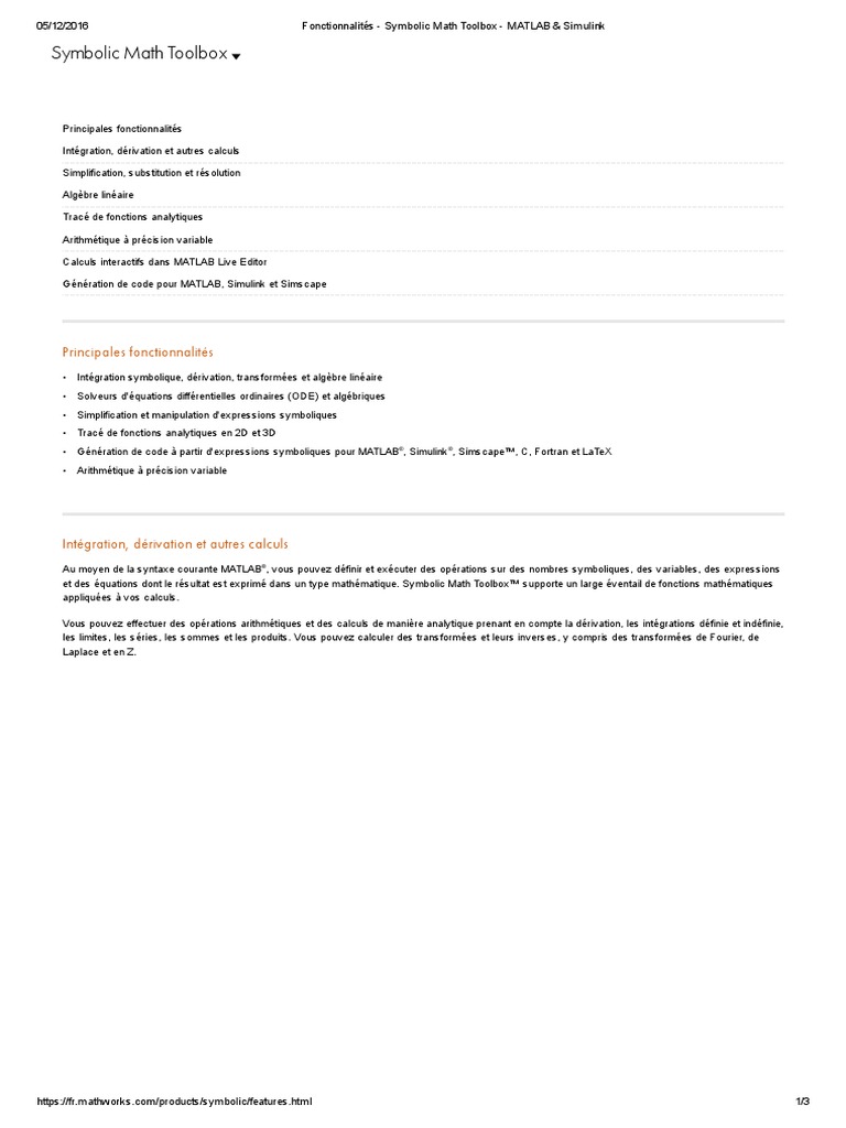 Fonctionnalités - Symbolic Math Toolbox - MATLAB & Simulink | PDF | Matrice (Mathématiques ...