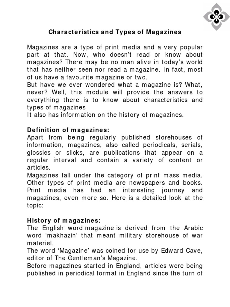 Characteristics and Types of Magazines | PDF | Magazines | Newspapers