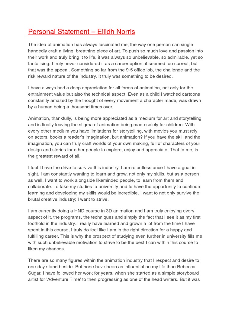 Personal Statement - Eilidh Norris | PDF | Animation | Entertainment