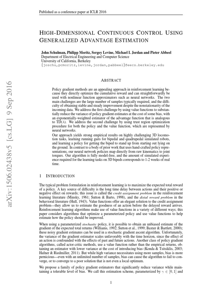 High-Dimensional Continuous Control Using Generalized Advantage Estimation-1506.02438v5 | PDF ...