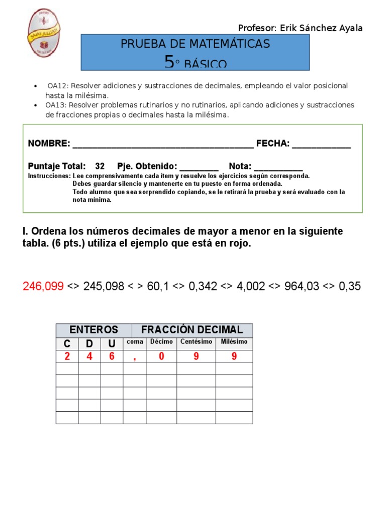 Prueba de Matemáticas: Decimales y Fracciones | PDF | Métodos y ...