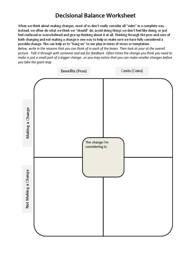 Decisional Balance Worksheet: Costs (Cons) Benefits (Pros) | PDF