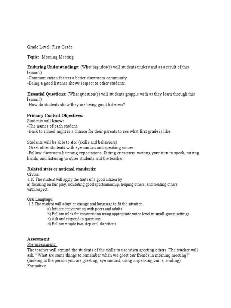 5881 Lesson Plan 1 Morning Meeting | PDF | Teachers | Applied Psychology
