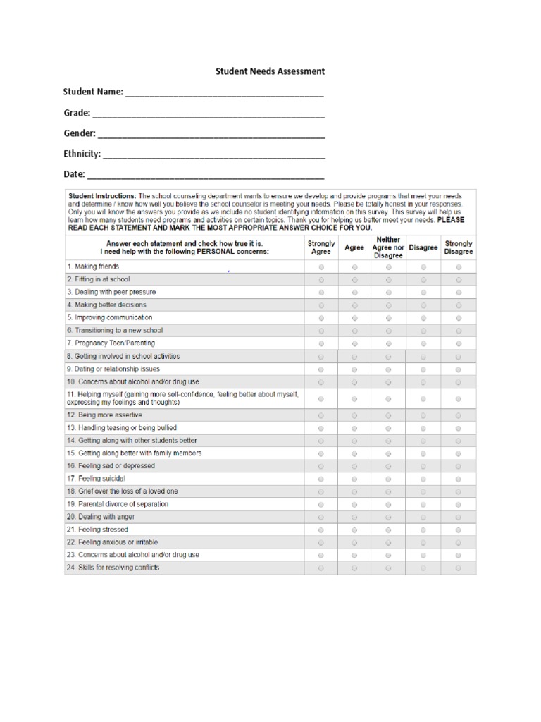 Student Needs Assessment Form | PDF
