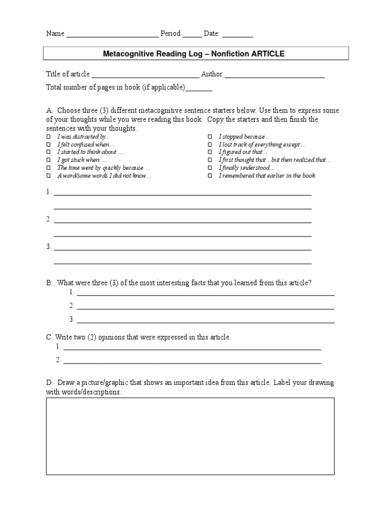 Metacognitive Reading Log Template | PDF