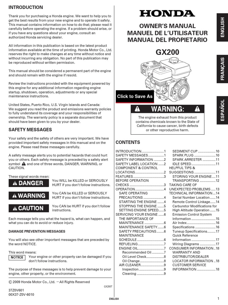 Honda GX200 Owner's Manual | PDF | Carburetor | Gasoline