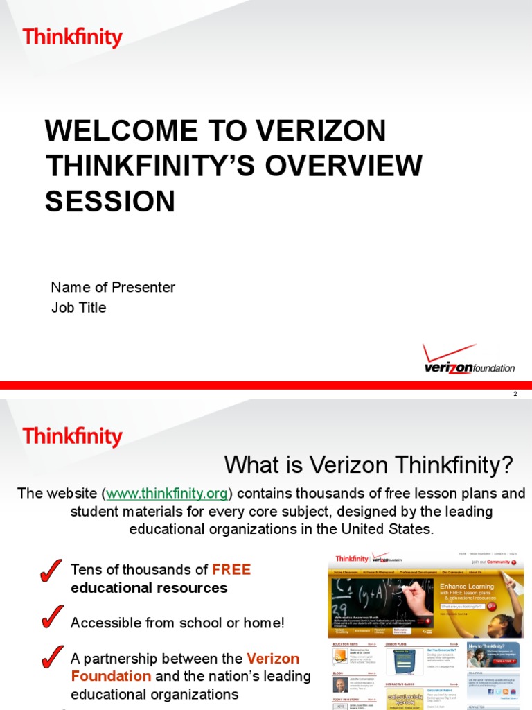 Welcome To Verizon Thinkfinity'S Overview Session: Name of Presenter ...