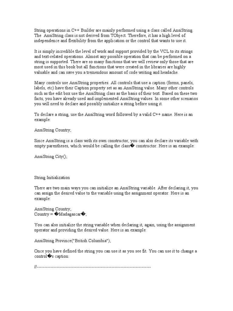 String Operations in C++ Builder Are Mainly Performed Using A Class Called AnsiString | PDF ...