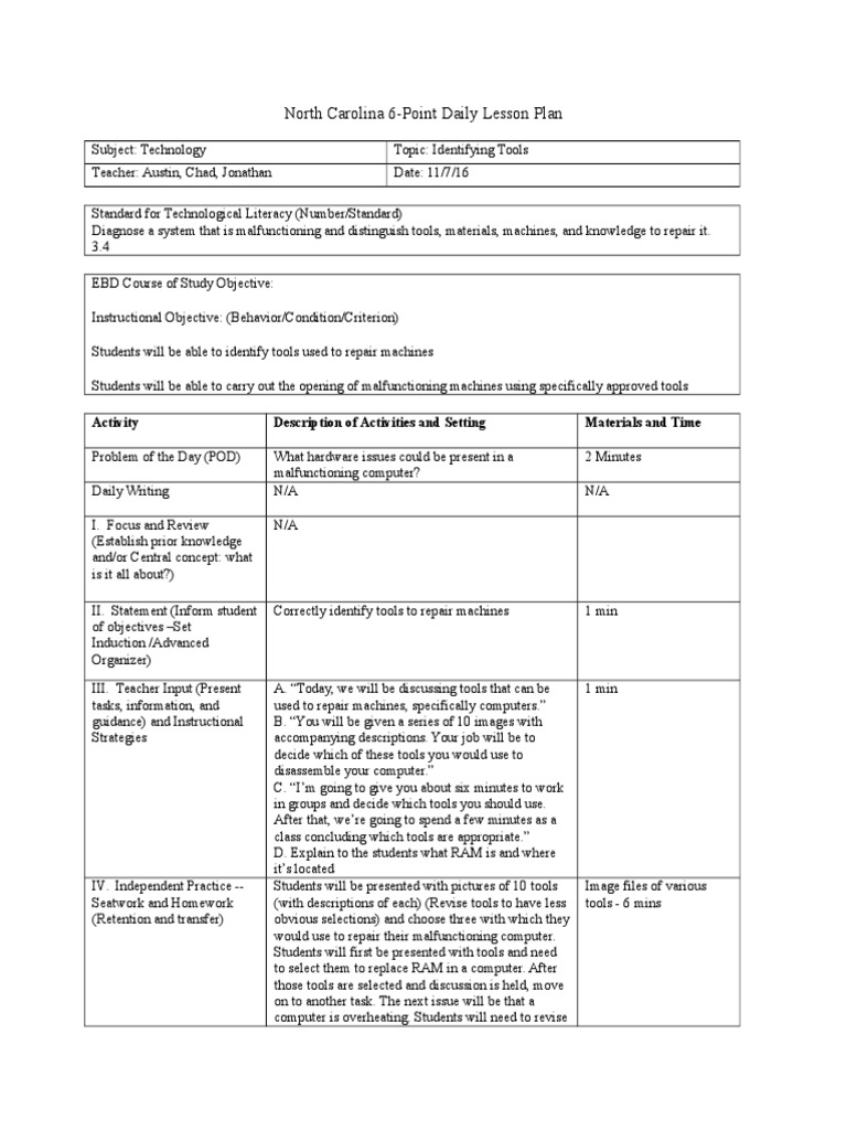 North Carolina 6-Point Daily Lesson Plan: Activity Description of ...