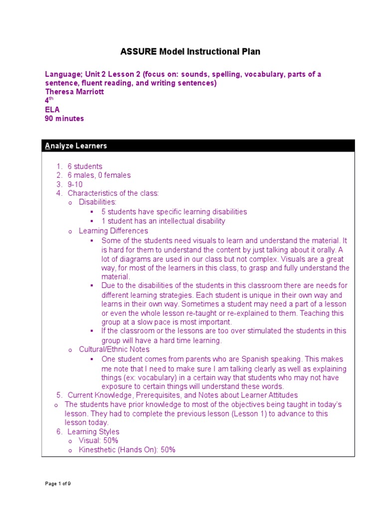 ASSURE Model Instructional Plan | PDF | Learning Disability | Classroom