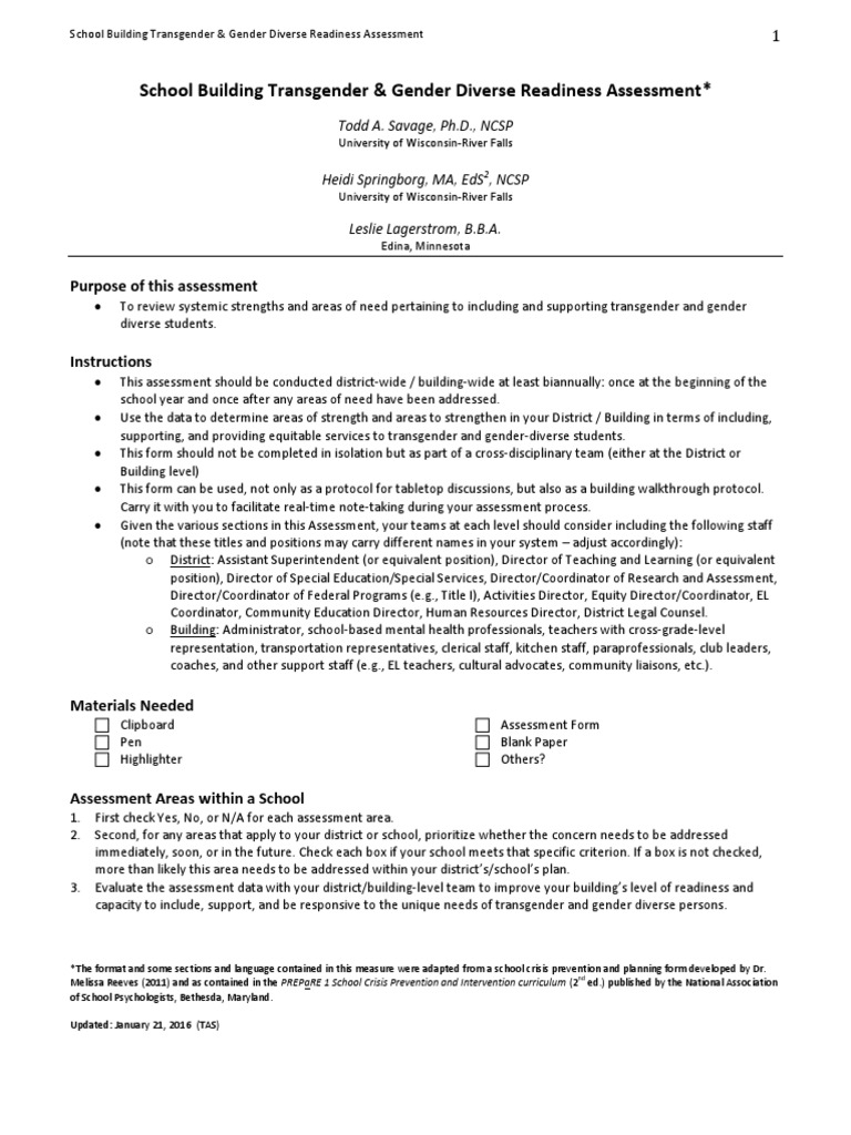 School Building Transgender and Gender Diverse Readiness Assessment ...