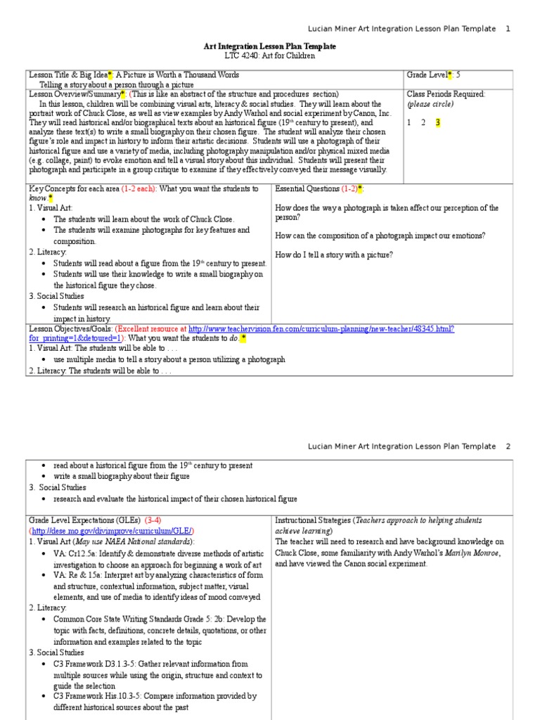 (Please Circle) : Art Integration Lesson Plan Template | PDF | Lesson ...