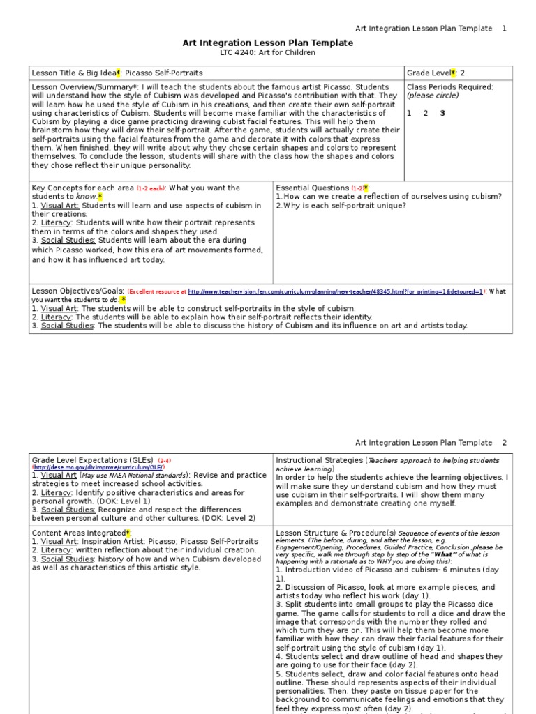 Art Lesson Plan | PDF | Cubism | Lesson Plan