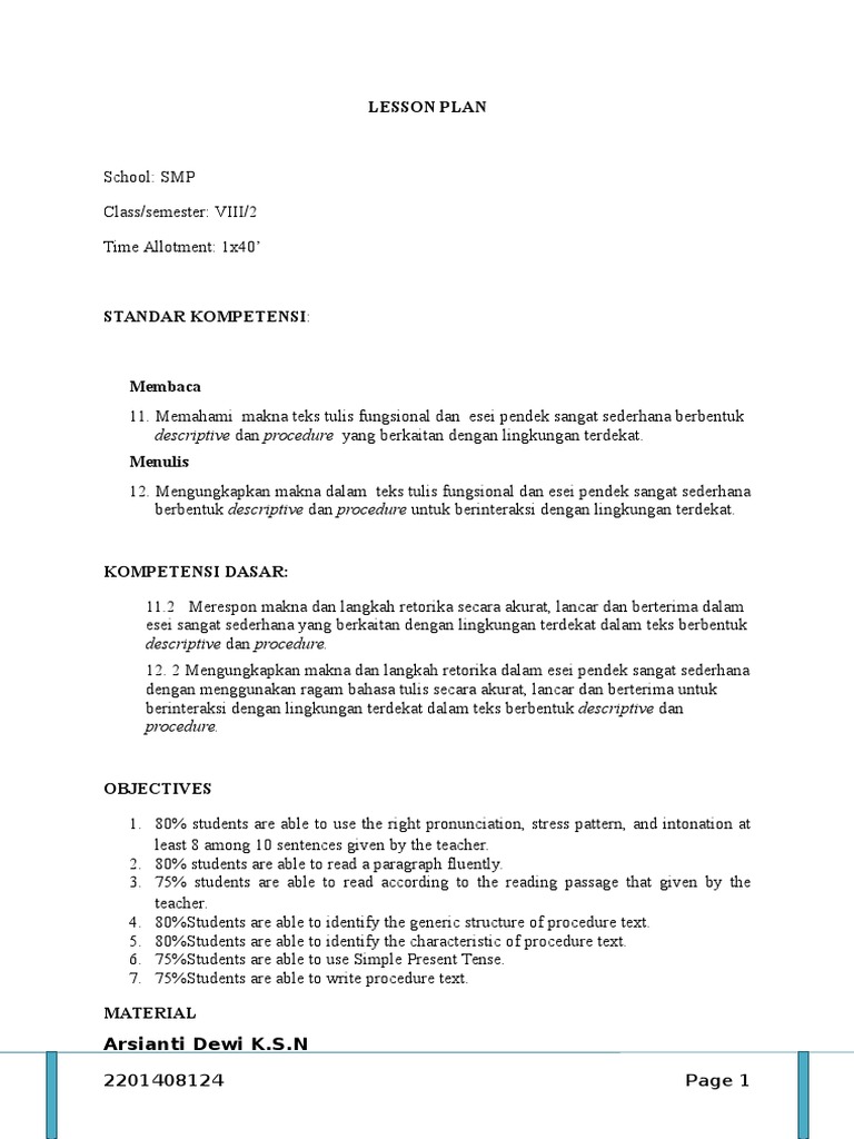 Lesson Plan: Descriptive Dan Procedure Yang Berkaitan Dengan Lingkungan Terdekat | PDF ...