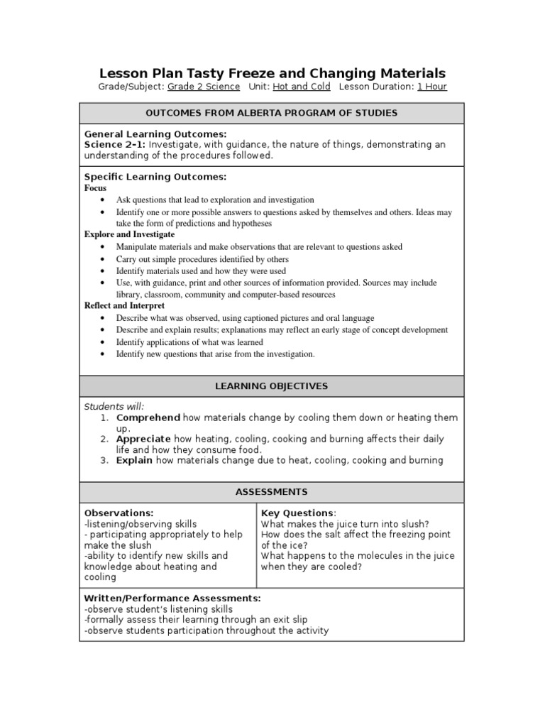 Lesson Plan Tasty Freeze and Changing Materials | PDF | Lesson Plan ...