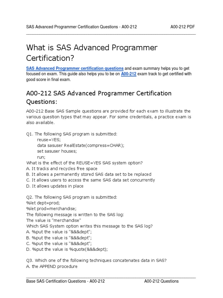 A00-212 SAS Certified Advanced Programmer For SAS 9 | PDF | Sas (Software) | Subroutine