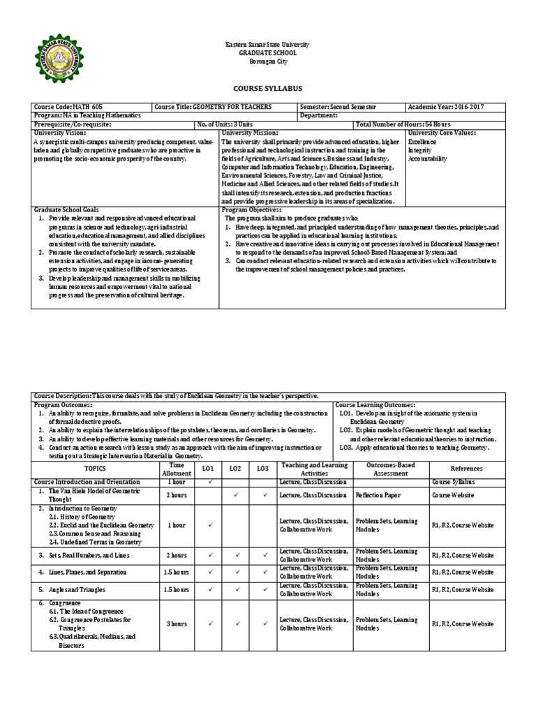 Syllabus Geometry For Teachers | PDF | Geometry | Euclidean Geometry