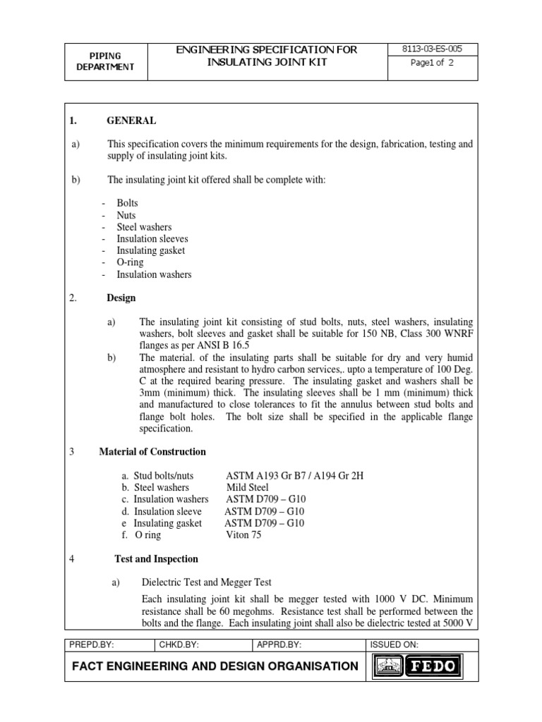 Specification For Insulation Joint Kit | PDF | Washer (Hardware) | Screw