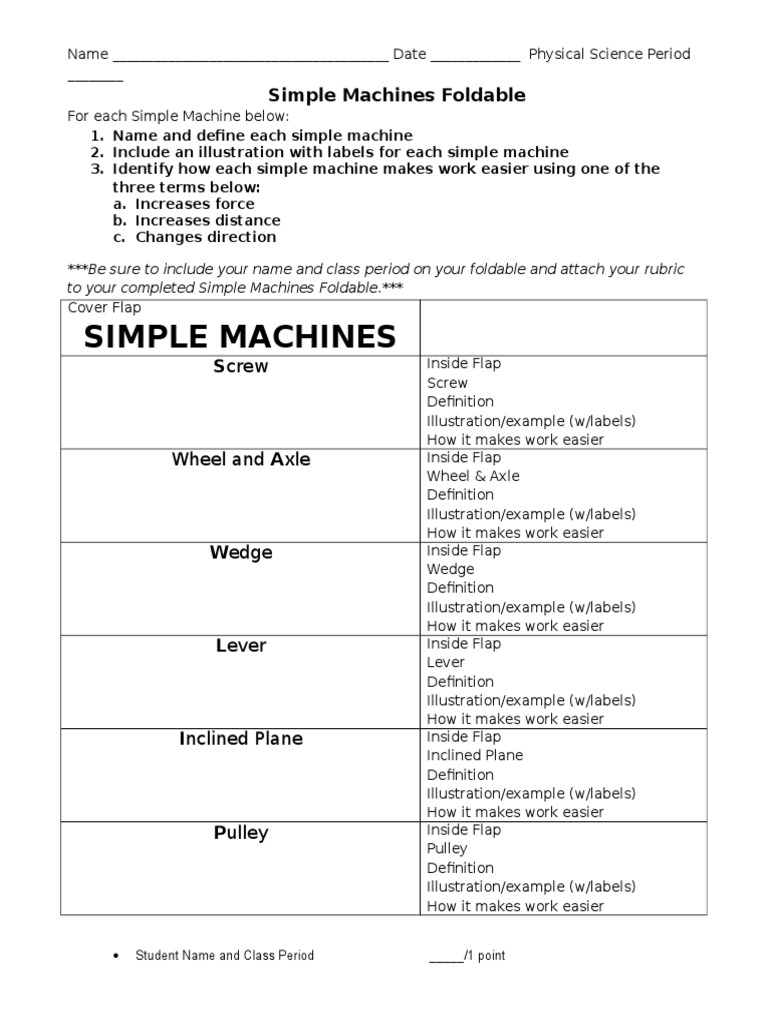 Simple Machines Foldable and Rubric | PDF | Machines | Tools
