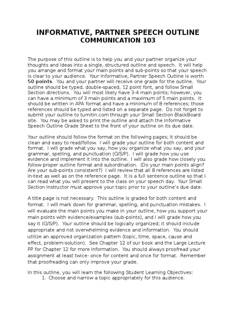 C 103 Informative Speech Outline Handout | PDF | Proofreading | Argument