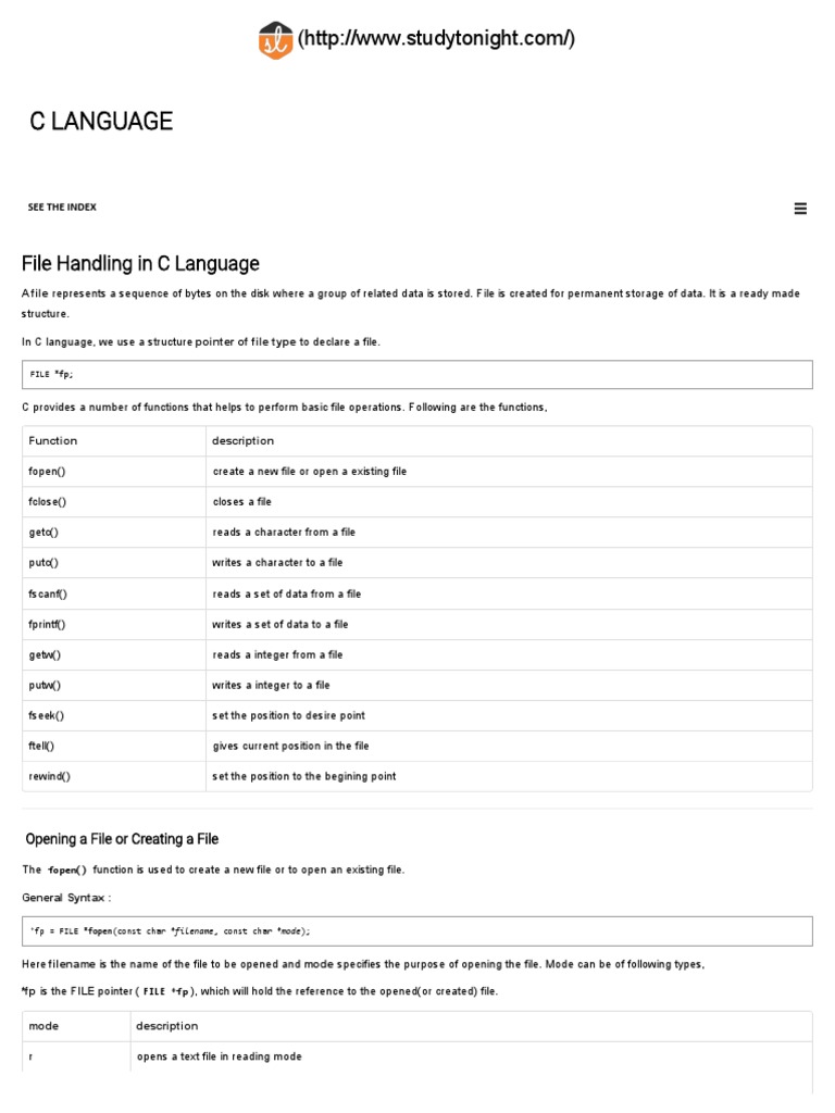 File Handling in C Language - C Language Tutorial - Studytonight | PDF | C (Programming Language ...