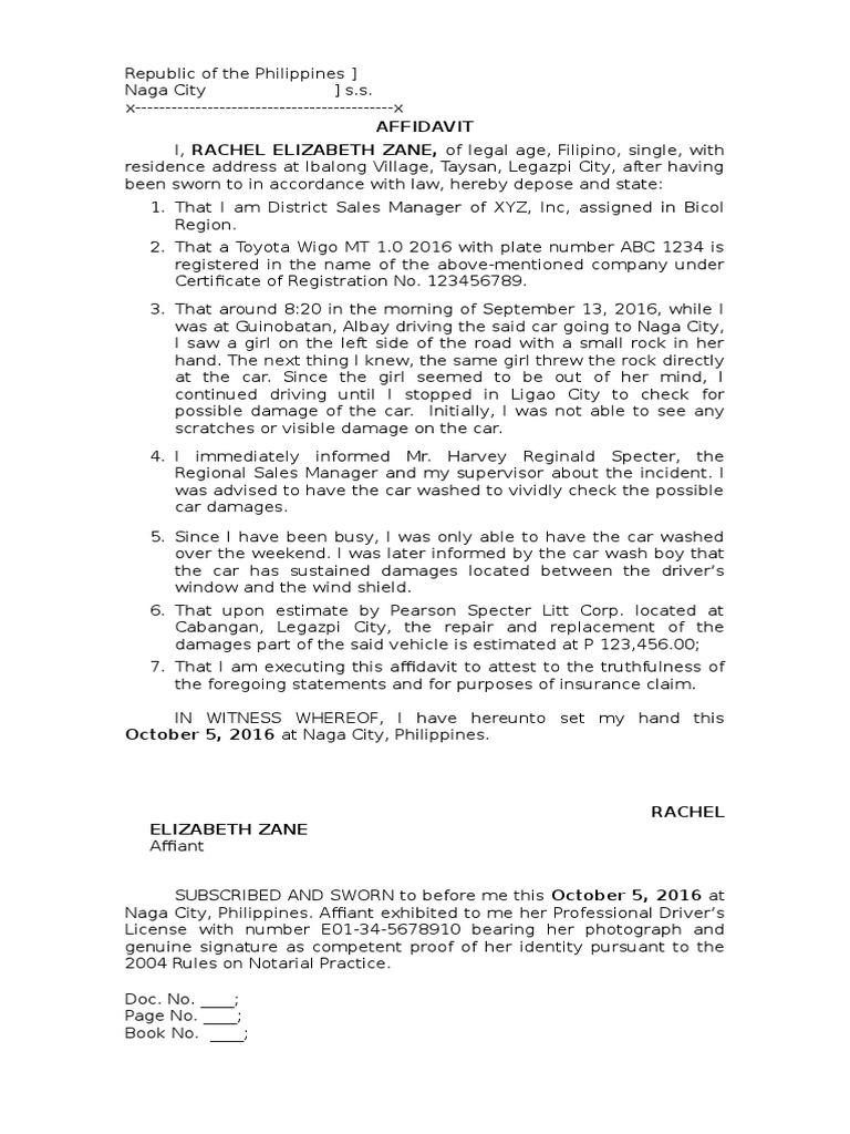 Affidavit for Car Insurance Claim | PDF | Business | Law