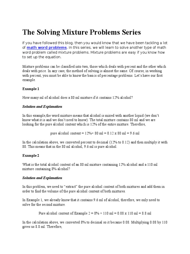 The Solving Mixture Problems Series | PDF | Solution | Percentage