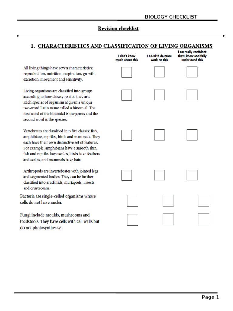 Revision Checklist 1. Characteristics and Classification of Living ...