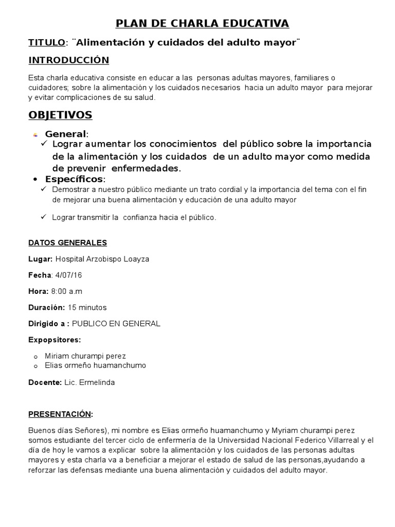 Plan de Charla Educativa | PDF | Adultos | Vejez
