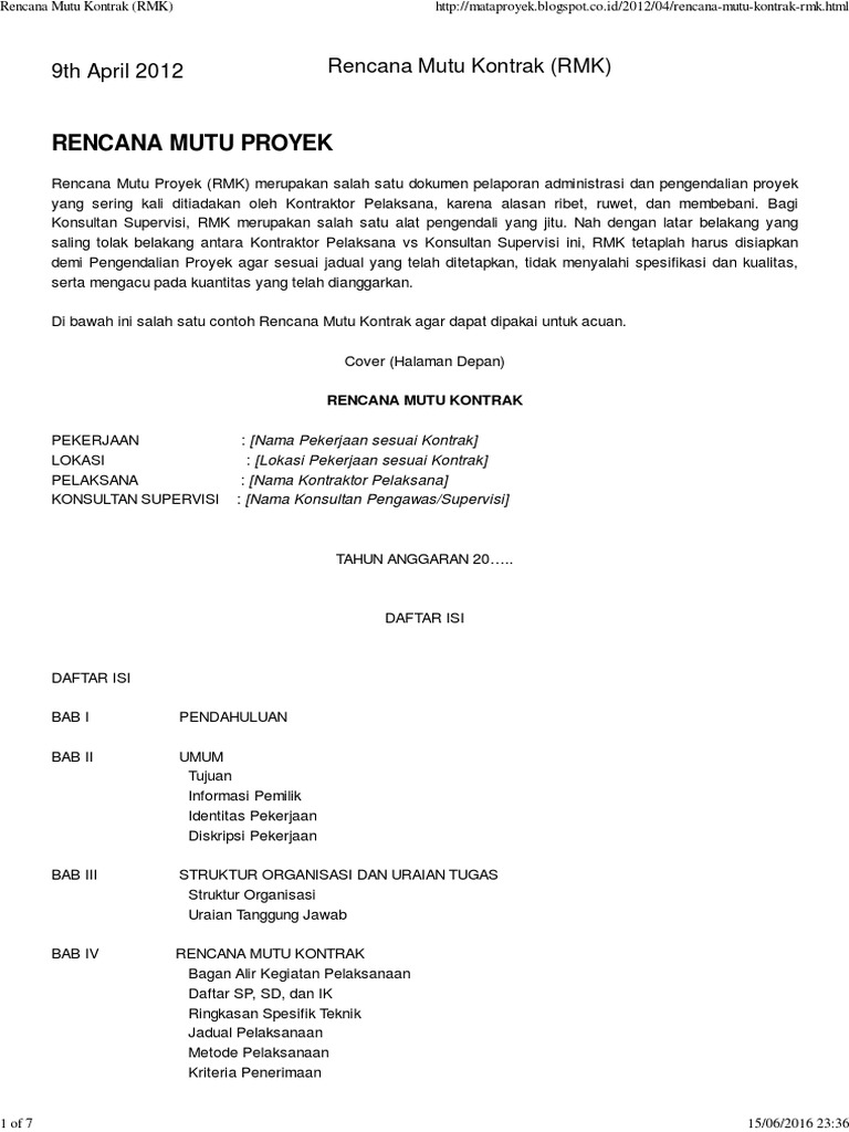 Rencana Mutu Kontrak (RMK) PDF | PDF