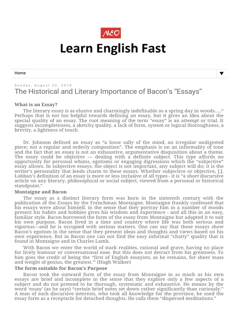 Importance of Bacon’s “Essays” | Michel De Montaigne | Essays | Free 30 ...