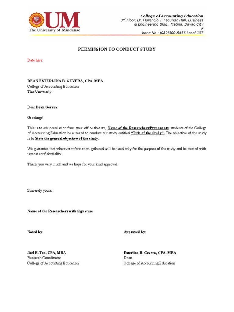 Letter of Permission To Conduct Study For The Dean | PDF