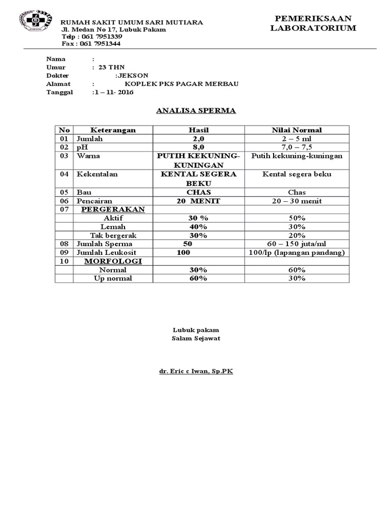 Hasil Analisa Sperma Pasien 23 Tahun | PDF