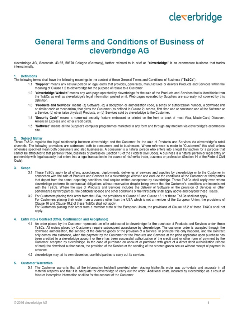 General Terms and Conditions of Business of Cleverbridge AG | PDF ...